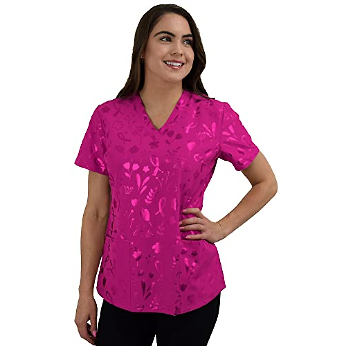 Womens Medical Nursing Foil Printed Scrub Uniform Top Zinnia-BC Ribbon Floral - Magenta-Large