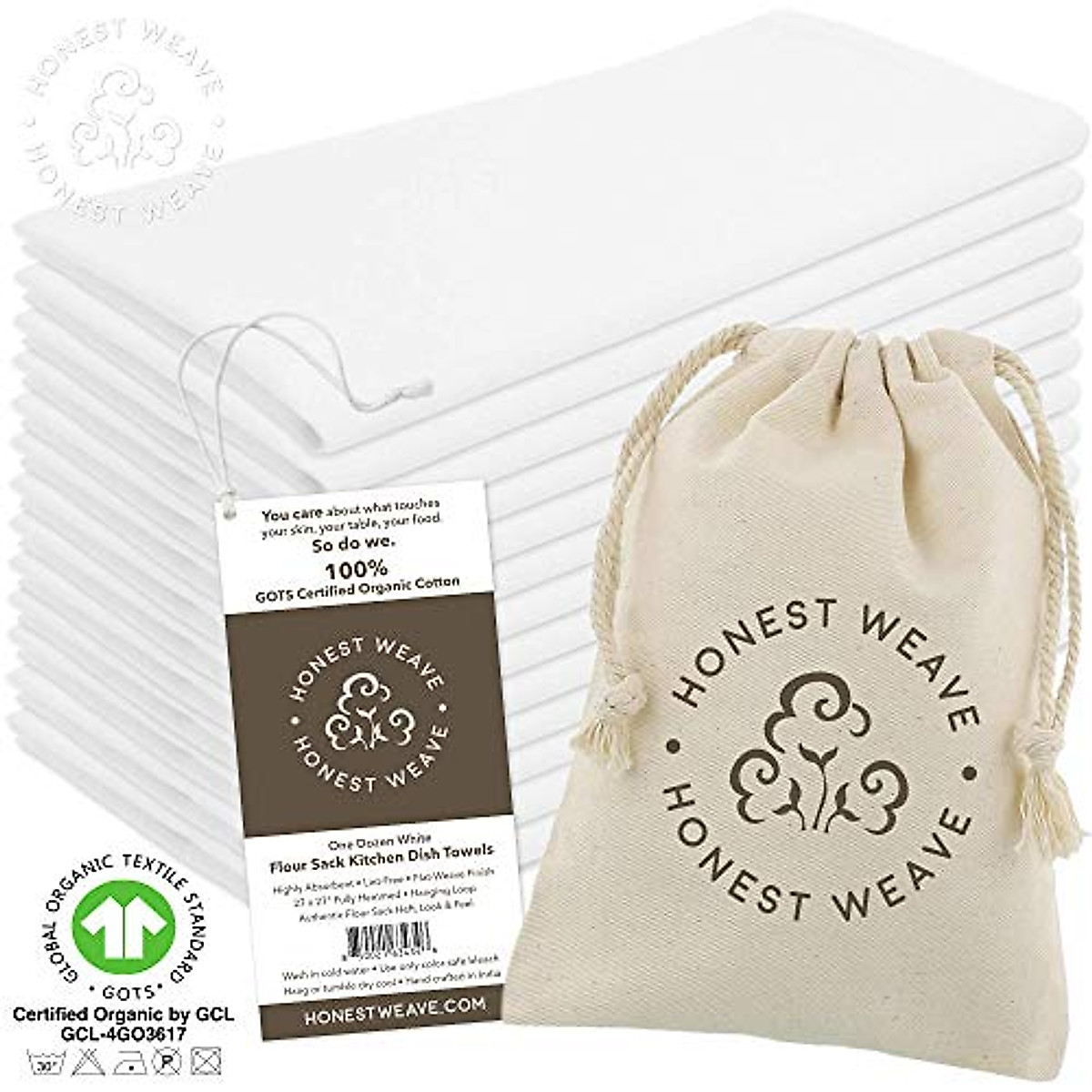 HONEST WEAVE GOTS Certified 100% Organic Flour Sack Cotton Kitchen Hand and Dish Towel Sets - Extra Large 27x27 inches, Fully Hemmed, 12-Pack, White