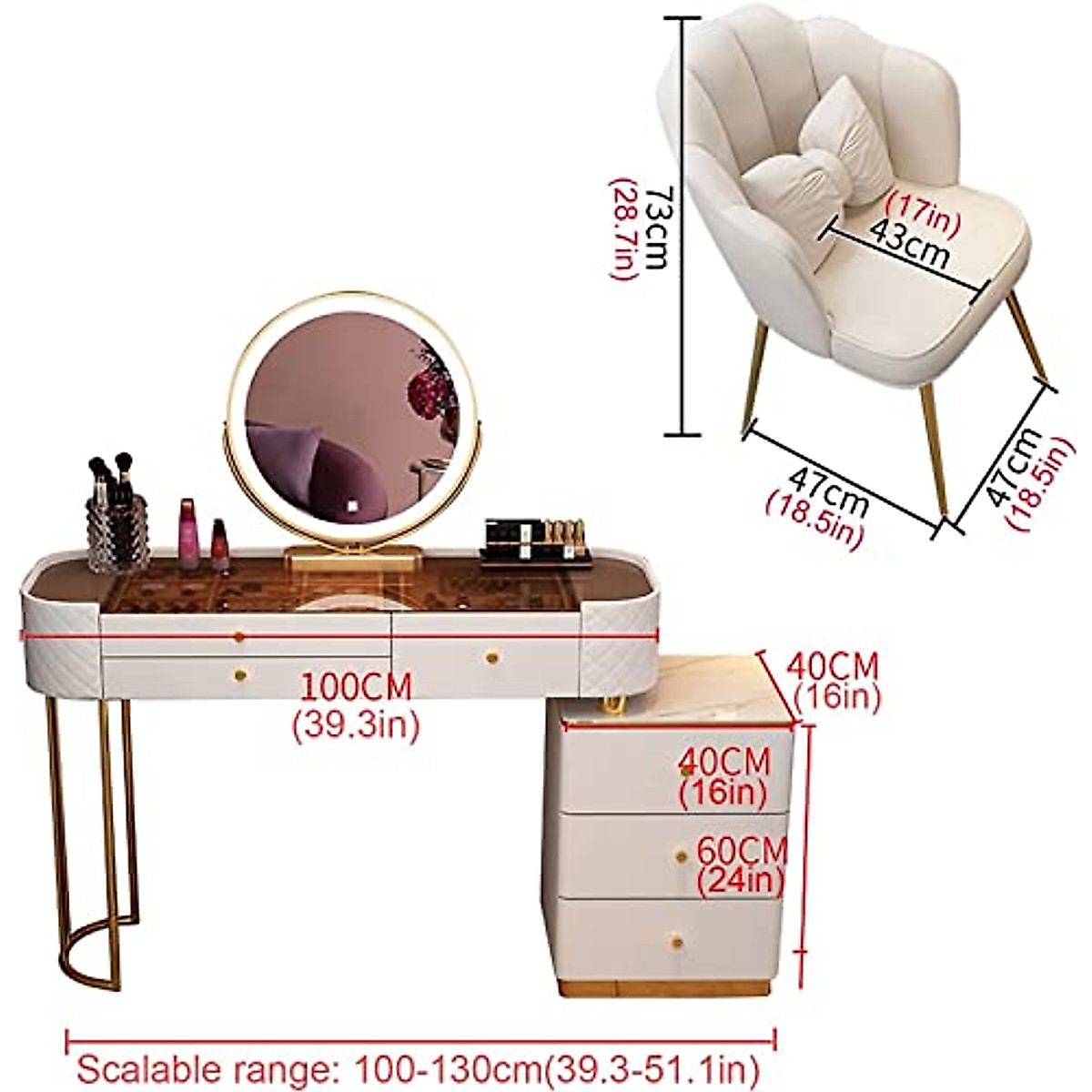 UTMACH Vanity Nordic Vanity Desk with Glass Tabletop, Makeup Vanity with Ergonomic Chair, Dressing Table with Lights Mirror and Drawers Desk Sturdy