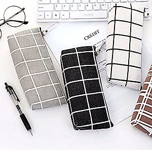 Canvas Pencil Bag, Striped Grid Pencil Case Simplicity Pen Pouch Cute Pen Bag, Solid Color Pen Box Stationery Bag School Supplies(Black)