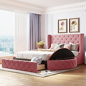 VilroCaz Queen Size Upholstered Platform Bed with Wingback Headboard, Velvet Platform Bed Mattress Foundation with 1 Big Drawer and 2 Side Storage Stool, Strong Wood Slats Support (Pink-S)