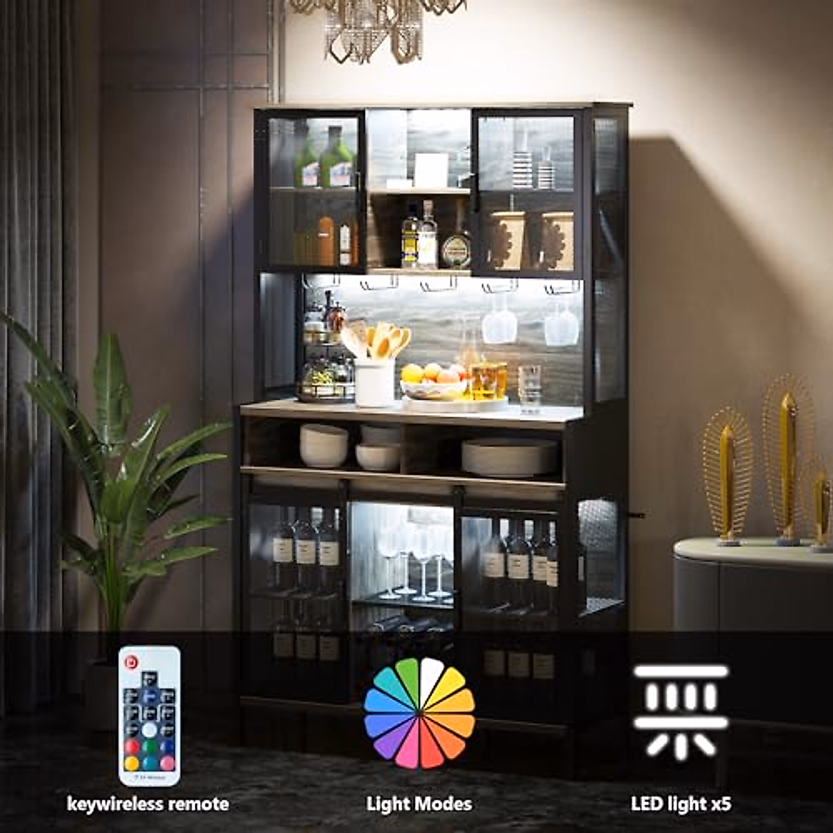 QNICE 71" LED Lights Industrial Kitchen Hutch Cabinet/Dining Room Hutch with Sliding Barn Door/Freestanding Kitchen Pantry Cupboard with Wine Rack/Dark Rustic Oak