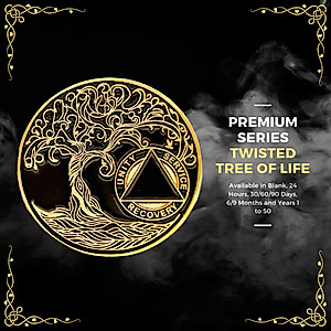 6 Months Sobriety Mint Twisted Tree of Life Gold Plated AA Recovery Medallion/Chip/Token - Black
