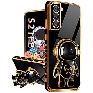 Buleens for Samsung Galaxy S21 FE Case with Astronaut Stand, Women Girls Galaxy S21 FE 5G Cases, Girly Cute 6D Outer Space Heart Pattern Phone Cover for S21 FE 6.4 Inch Black