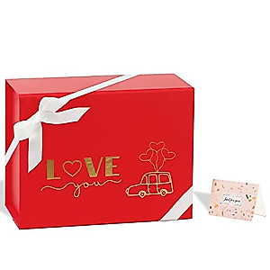 Valentine Gift Box, 9.1x7.2x4 Inches Red Gift Box with Gift Boxes for Presents with Magnetic Closure Lids Contains Ribbon and Card for Valentine's Day,Mother's Day, Bridesmaid Boxes, Wedding Season, Thanksgiving (1 Pack)