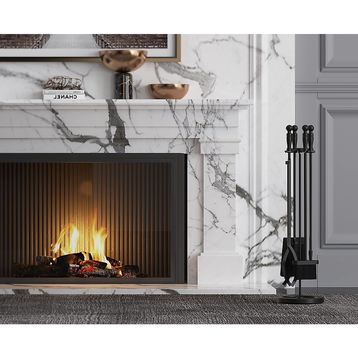 FireBeauty Fireplace Tools Set 5 Pieces Wrought Iron Fire Place Pit Poker Holder 31" H (Black)