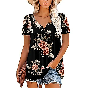 Tops for Girls Short Sleeve Ruched Tshirt Stretchy Oversized Summer Top with Buttons Black XL