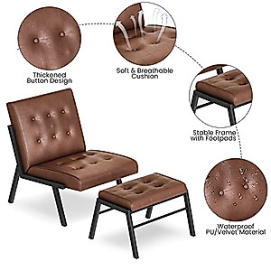AWQM Accent Chair with Ottoman,Faux Leather Living Room Chair,Upholstered Single Sofa Chair Set with Metal Legs, Button Tufted Lounge Chair with Footrest, Reading Chair for Bedroom Office,Brown