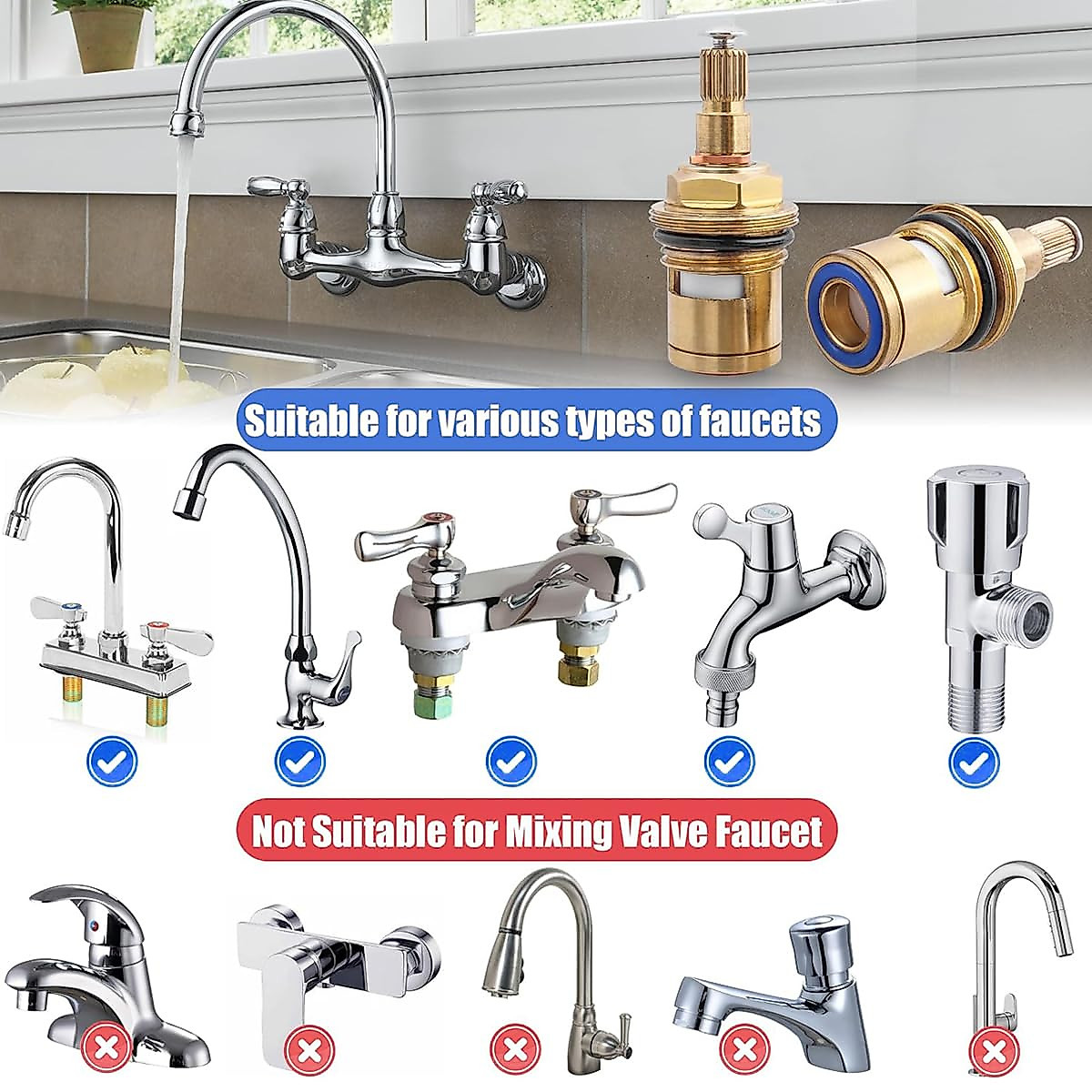 Wolfride 2Pcs Faucet Cartridge Replacement, 20 Teeth G1/2" Brass Ceramic Stem Disc Cartridge Cartridge Faucet Valve Hot and Cold for Bathroom Kitchen Faucets