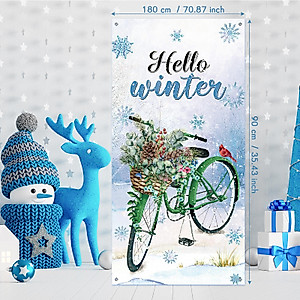Hello Winter Welcome Porch Sign Door Cover Banner Winter Party Decoration Backdrop Floral Bike Banner Large Seasonal Door Banner Background Door Cover, 70.8 x 35 Inch (Winter Style)