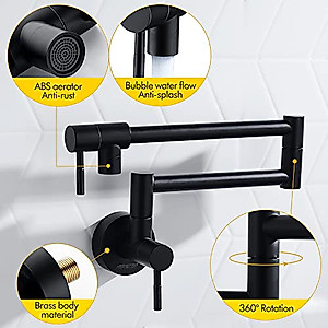 Fransiton Matte Black Pot Filler, Pot Filler Faucet Wall Mount, Brass Folding Stretchable with Double Joint Swing Arm Single Hole Two Handles Kitchen Restaurant