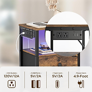YATINEY Nightstands with Charging Station, Night Stand with LED Lights, Side Table with 2 Non-Woven Drawers, End Table Bedroom, Bedside Tables for Bedroom, Rustic Brown and Black ET12BR
