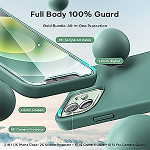 TOCOL [5 in 1 for iPhone 12, for iPhone 12 Pro Case, with 2 Pack Screen Protector + 2 Pack Camera Lens Protector, Silicone Shockproof Phone Case [Anti-Scratch] [Drop Protection], Midnight Green