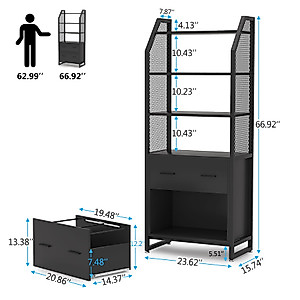 Tribesigns 2 Drawer File Cabinet with Bookshelf, Modern Vertical Filing Cabinet for Letter/Legal/A4 Size File, Large Printer Stand with Open Storage Shelves for Home Office, Black