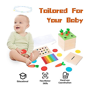 Wooden Montessori Toys for 1 2 3 Year Old Baby Gifts,Play Kit Box includes Carrot Harvest Games, Montessori Coin Box for 6-12 Months and Fine Motor Skills Toys for 1 Year Old (3-in-1)