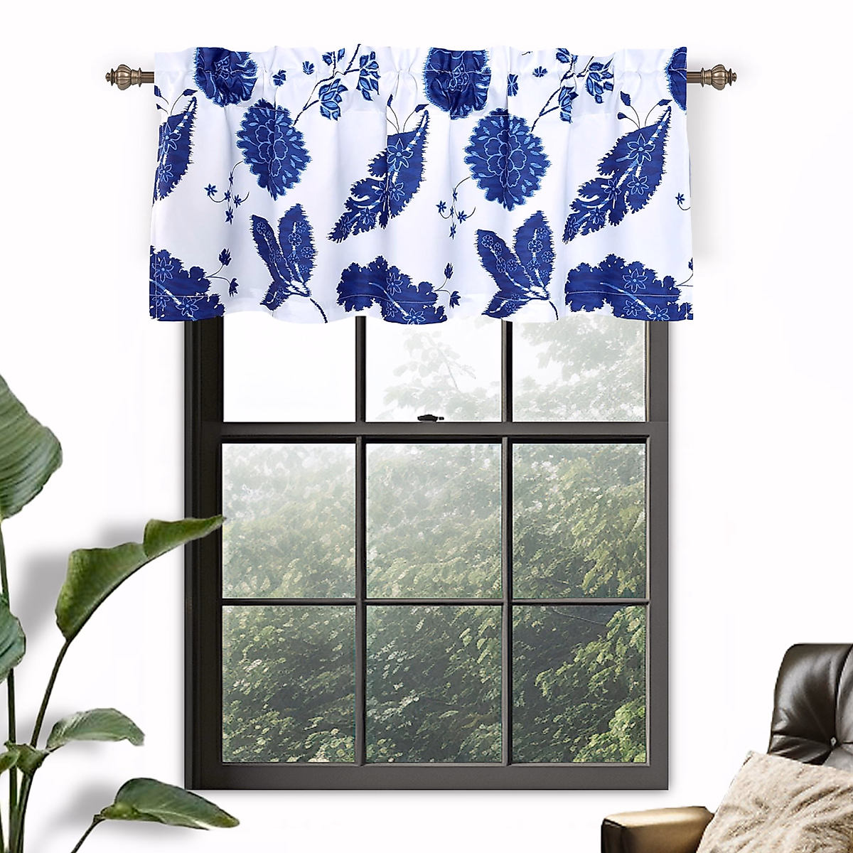 DriftAway Gianna Floral Leaf Botanical Lined Thermal Insulated Energy Saving Window Curtain Valance for Living Room Bedroom Kitchen Rod Pocket 2 Pack 52 Inch by 18 Inch Plus 2 Inch Header Navy