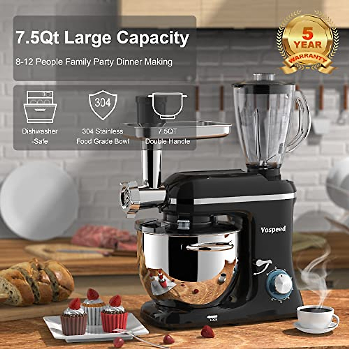 Vospeed 5 IN 1 Stand Mixer, 850W Tilt-Head Multifunctional Electric Mixer with 7.5 QT Stainless Steel Bowl, 1.5L Glass Jar, Meat Grinder, Hook, Whisk, Beater Dishwasher Safe - Black