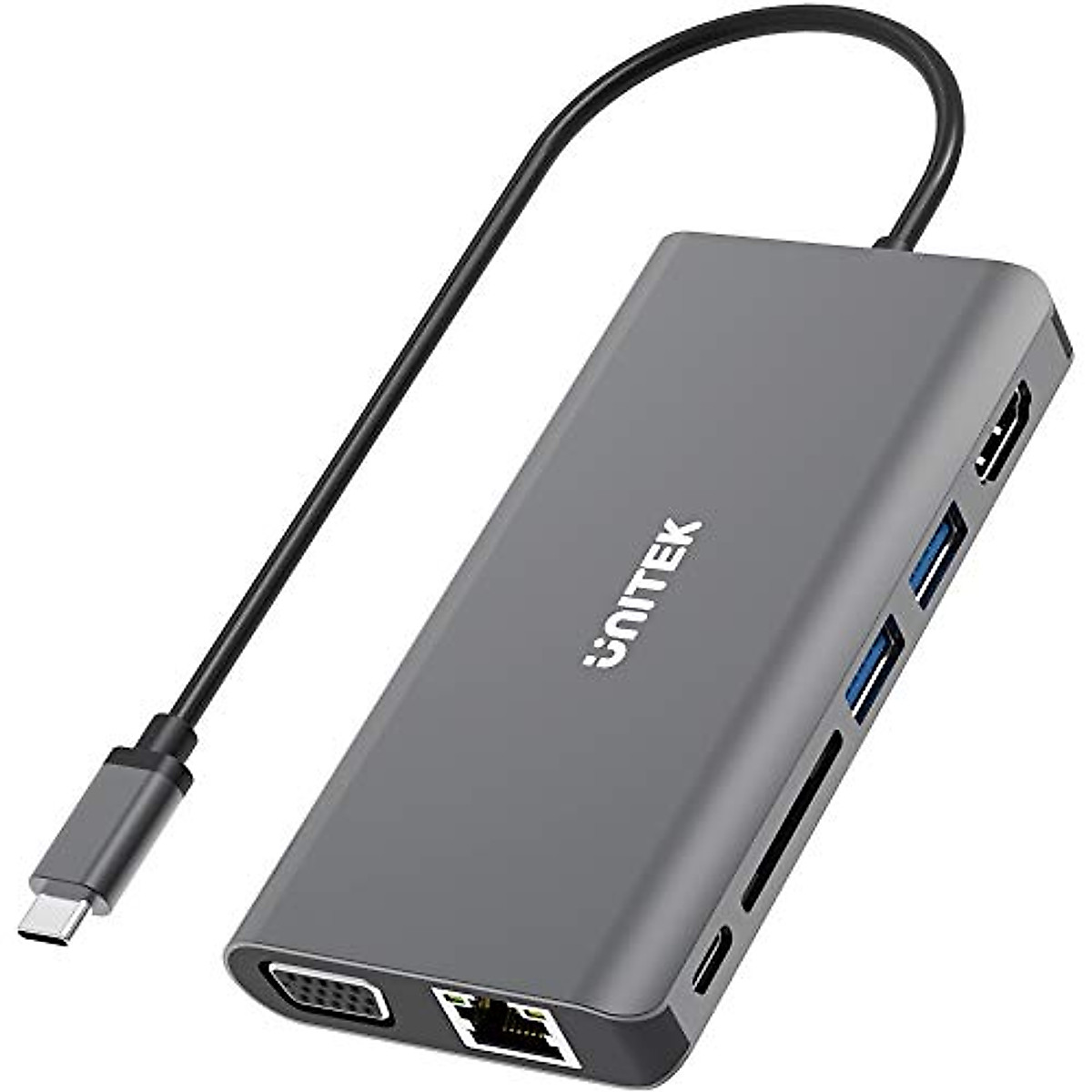 UNITEK Hub USB-C with Power Delivery, HDMI v.1.4 4K@30Hz, Ethernet/Internet Connection, 2 x USB 3.0, USB C with PD 100 W, 20 V/5 A, SD Card Reader, 3.5 mm Audio Connection, Aluminium, Grey