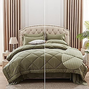 NexHome Bed in a Bag Comforter Sets Queen Green All Season Down Alternative Comforter Soft Microfiber Dobby Stripe 7 Pieces-1 Comforter 2 Pillow Shams 2 Pillowcases 1 Flat Sheet 1 Fitted Sheet