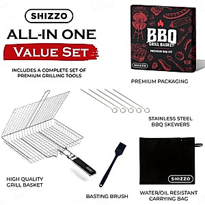 SHIZZO Grill Basket Value Set, Barbecue BBQ Grilling Basket , Stainless Steel Large Folding Grilling baskets With Handle, Portable Outdoor Camping BBQ Rack for Fish, Shrimp, Vegetables, Barbeque Griller Cooking Accessories, Gift, Gifts for father, dad, hu