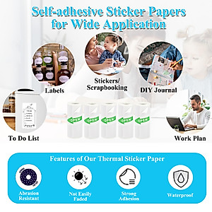 Vicbear 16 Rolls Mini Printer Paper, Including 5 Thermal Sticker Paper Rolls, 6 Colored, and 5 White Plain Paper Rolls for Mini Thermal Printer, 57x25 mm, Compatible with Most Mini Receipt Printers