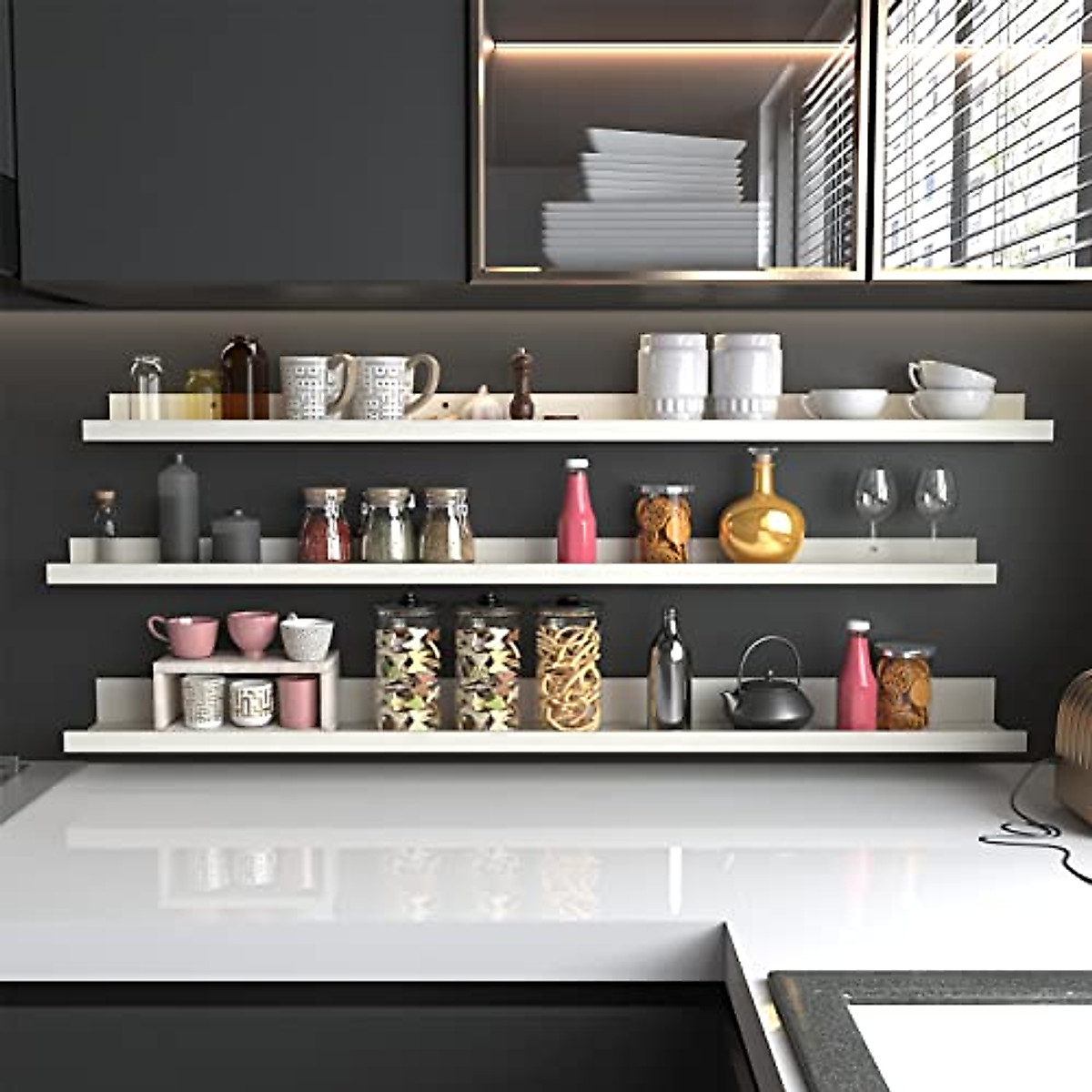 Calenzana 47 Inch Floating Shelves Wall Mounted Set of 3, Long Picture Ledge Shelf for Living Room Bathroom Bedroom Kitchen Office, Creamy White