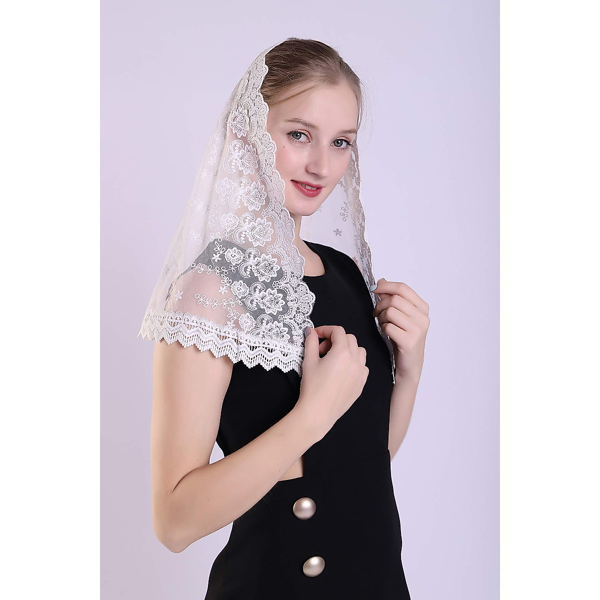 Grettytling Chapel Veil Embroidered Lace Mantilla Veil Head Covering Veils for Church，White
