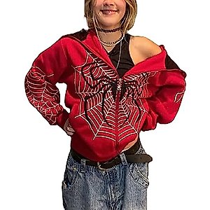 Rvnsu Women Y2K Spider Web Hoodies Gothic Full Zip Up Hoodie Punk Jackets Graphic Sweatshirt Hoodies(Red,M)