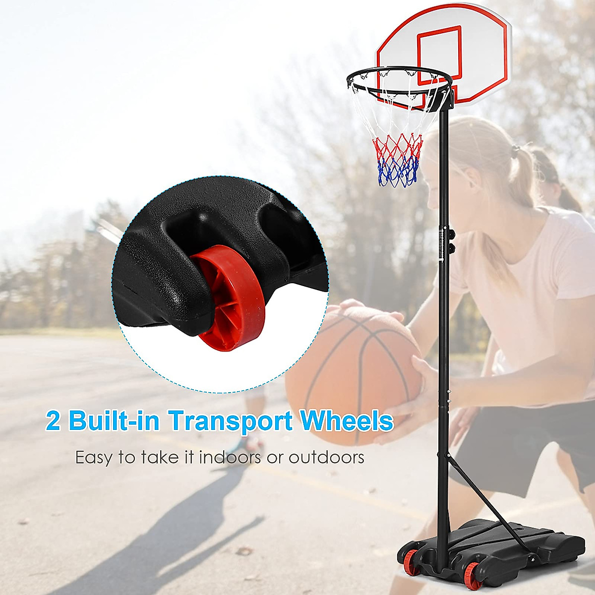 GYMAX Basketball Hoop, 7.1-8.1FT Adjustable Portable Basketball Goal w/Shatterproof Backboard, 2 Wheels & Nets, Indoor/Outdoor Basketball Hoop Stand System for Kids, Teens, Adult, Gym, Driveway