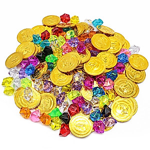 160pcs Plastic Pirate Gold Coins Colored Gems Pirate Treasure Hunt Playset Toys for Kids Party Props Decoration Pirate Treasure Coins Jewels for Party Favor,Event,Wedding, Vase Fillers, Arts & Crafts