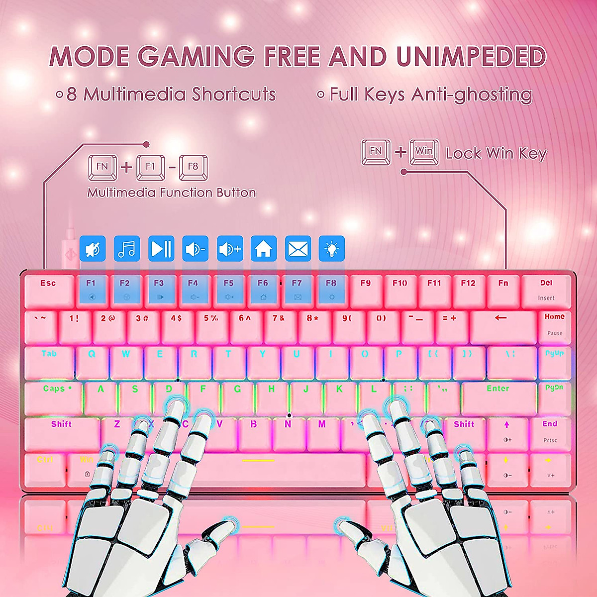 FELICON Wired Mechanical Gaming Keyboard, 82 Keys Compact Rainbow Blacklight Keyboard with Blue Switch, Small and Portable Compatible with Windows PC Laptop Mac Game Office