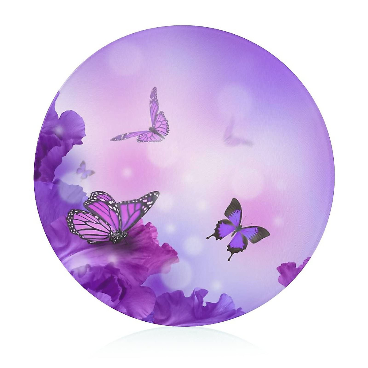 Bagea-Ka Butterfly on Purple Flowers Pattern Tempered Glass Cutting Board 8" Round Kitchen Decorative Chopping Board Small