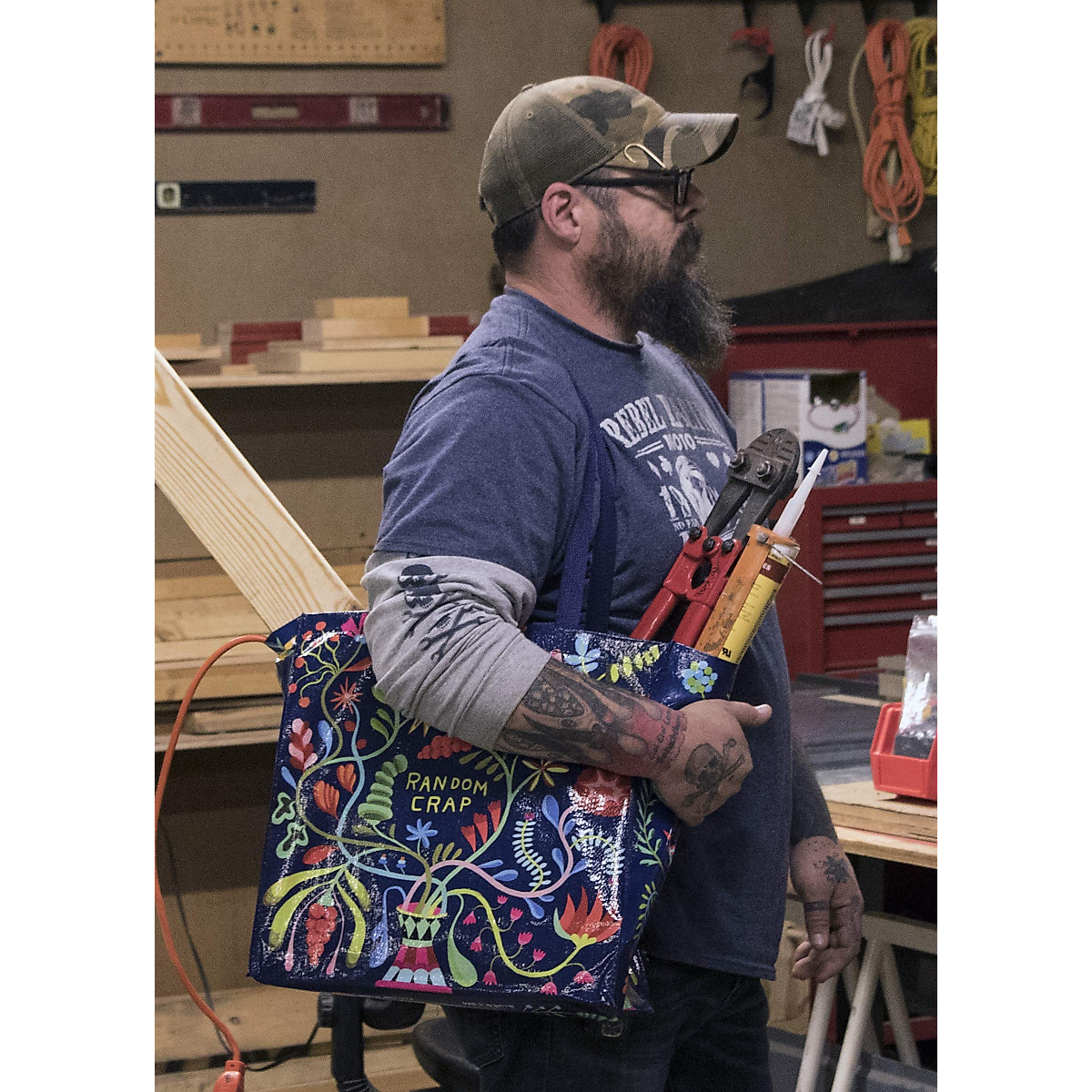 Blue Q Shoppers, Reusable Grocery Bag, Sturdy, Easy-to-Clean, 15" h x 16" w x 6" d, made from strong 95% recycled material (Random Crap)