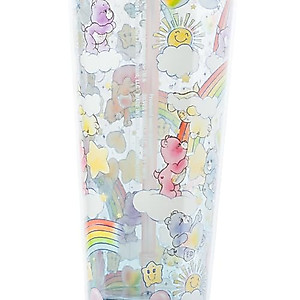 Silver Buffalo Care Bears Rainbow Hearts Stars Featuring Cheer Bear, Bedtime Bear, Funshine Bear, and Share Bear Watercolor Plastic Cold Cup with Lid and Straw Topper, 24 Ounces