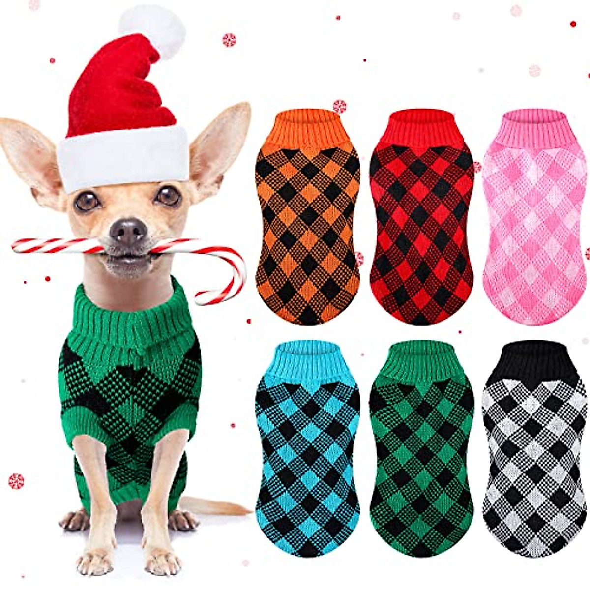 6 Pieces Plaid Dog Sweater Christmas Dog Sweater Buffalo Plaid Dog Sweater Holiday Pet Knitted Clothes for Big Medium Small Dogs Christmas Winter Holiday Cosplay (Small)