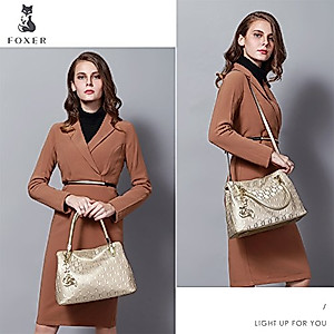 FOXER Leather Handbags for Women, Cow Leather Lock Chain Pattern Ladies Top Handle Bag with Adjustable Shoulder Strap Women's Designer Tote Bag Womens Real Leather Crossbody Purses and Handbags (Gold)