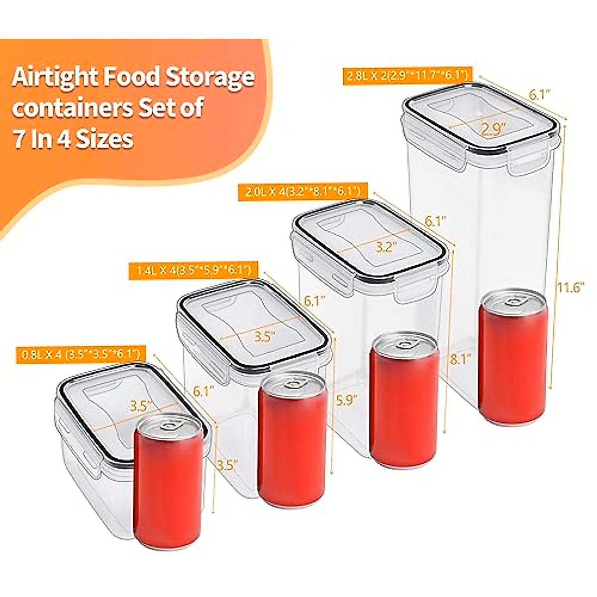 Airtight Food Storage Containers with Lids, 7 Pcs BPA Free Plastic Dry Food Canisters for Kitchen Pantry Organization and Storage Ideal for Cereal, Flour and Sugar, Dishwasher safe,Include 10 Labels and Marker, Black