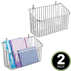 mDesign Small Metal Wire Wall Mounted Storage Organizer Basket Bin for Hanging in Kitchen, Garage, Entryway, Mudroom, Bedroom, Bathroom, Laundry Room - Unity Collection - 2 Pack - Chrome