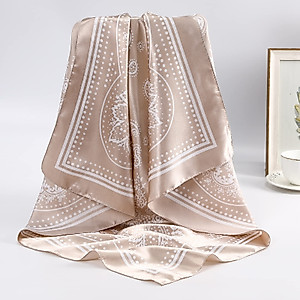 AWAYTR 35” Satin Large Square Head Scarves - 4PCS Silk Like Neck Scarf Hair Sleeping Wraps Lightweight Satin Silk Scarfs for Women (Cashew(Black+Gray+Burgundy+Light Curry)