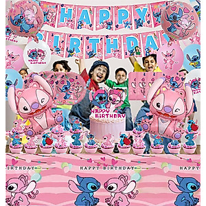 Pink lilo Birthday Party Supplies, Birthday Decorations Set Include Banner, Balloons, Cake Cupcake Toppers,Spiral Lifters,Plates,Napkins, Tablecloth for Girls and Boys Pink lilo Theme Party