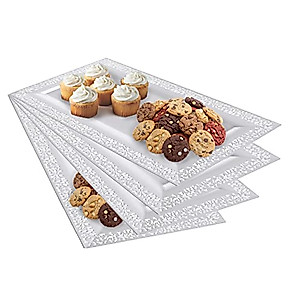 Yumchikel- Serving Tray Plastic for Party, 14" x 7.5" Platters for Serving Food, White Food Tray for Snacks, Food, Cookies, Set of 4, BPA Free