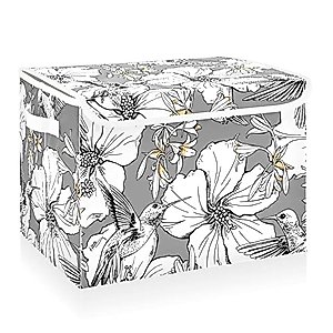CaTaKu Hibiscus Floral Gray Storage Bins with Lids and Handles, Fabric Large Storage Container Cube Basket with Lid Decorative Storage Boxes for Organizing Clothes