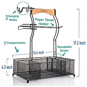 CINAI Grill Caddy, Paper Towel Holder, BBQ & Picnic Caddy, Grill Utensil Organizer, Condiment Bottles Organizer for BBQ, Cleaning Caddy, 3 Hanging Hooks, Bamboo Handle, Large, Black