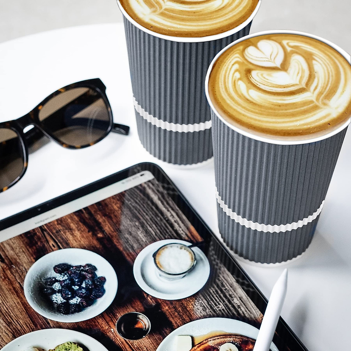 Glowcoast Disposable Coffee Cups With Lids - 16 oz To Go Coffee Cup (70 Pack). Large Travel Cups Hold Shape With Hot and Cold Drinks, No Leaks! Insulated Ripple Cups Protect Hands, No Sleeves needed!