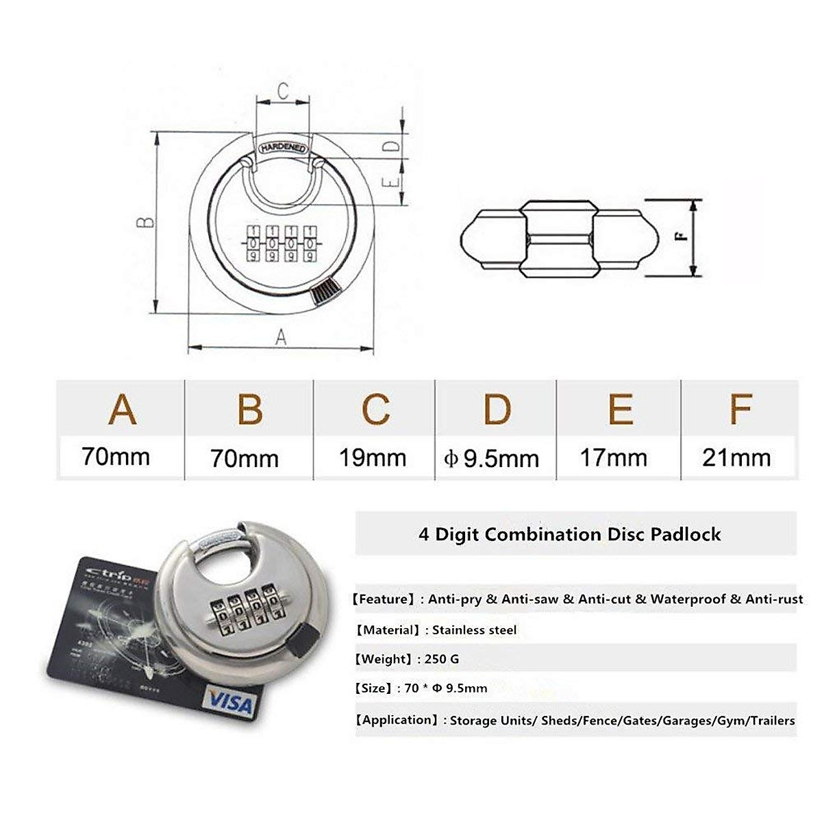 Stainless Steel Discus Padlock 4 Digit (3inch) Combination Lock Outdoor for Warehouse, Sheds, Storage Locker, Units (Silver,1)
