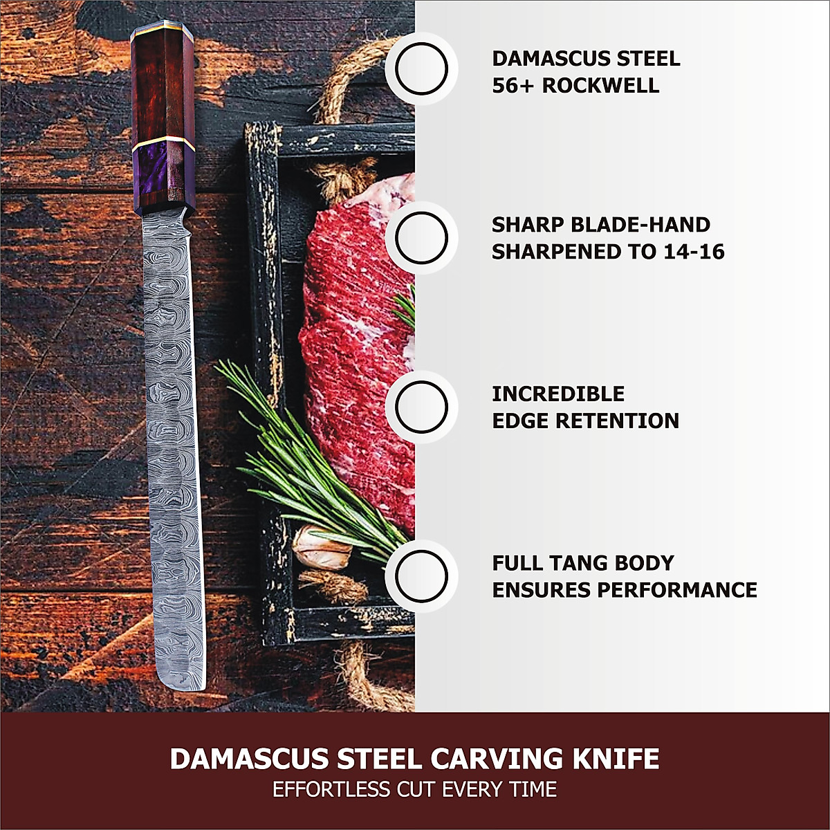 Wootzex 14” Damascus Chef Knife For Men & Women, Handmade Full Tang Brisket Knife With Wooden Handle, Razor Sharp Carving Knife For Meat Cutting, Professional Kitchen Knife For BBQ Veggies & Fruits