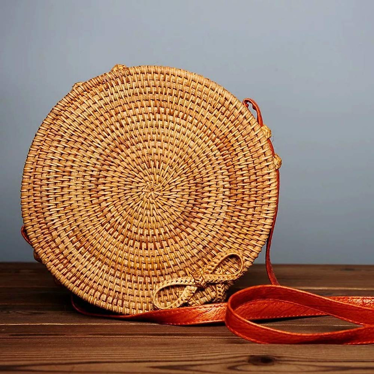 Kbinter Handwoven Round Rattan Straw Bag for Women Shoulder Leather Button Straps Natural Chic Handmade Boho Bag Bali Purse (Bow-Tie)