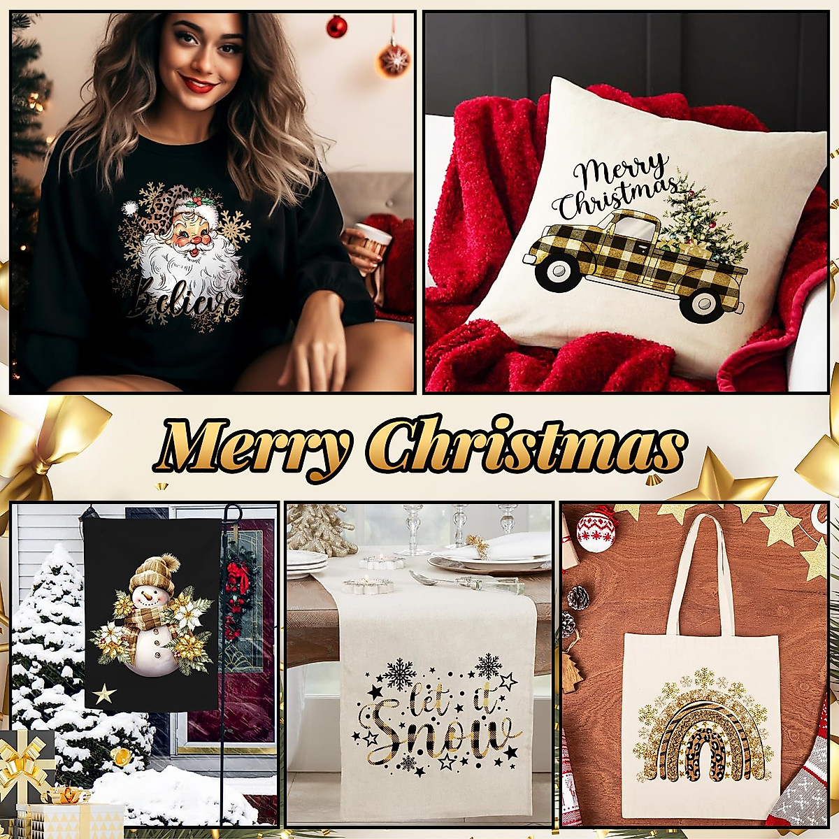 Christmas Transfer for T-shirts, 18 Pcs Gold Iron on Decals Stickers Heat Transfer Decal Santa Claus Snow Patches for Clothing Hat Pillow Backpack DIY Craft Supplies