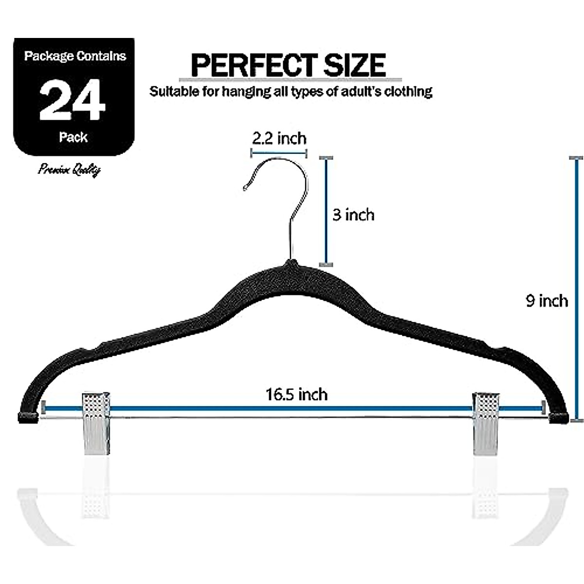GVTECH Velvet Hangers with Clips, [24 Pack] Metal Clip Hangers for Pants - Notched Velvet Skirt Hangers for Pants, Skirts, Suit, Dresses & Shirts 360° Swivel Hook - Non Slip Felt Hangers (Black)
