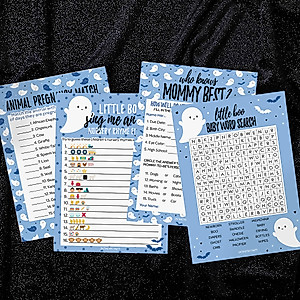 Blue A Little Boo is Almost Due Boy Baby Shower Game Pack, Emoji - Word Search - Who Know Mom Best - Pregnancy Match - 20 Guests, Halloween Baby Shower (4 Game Value Pack 2)